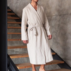 Linen Robe for Men, Beige Dressing Gown, Handmade Bathrobe, Jacket for ...