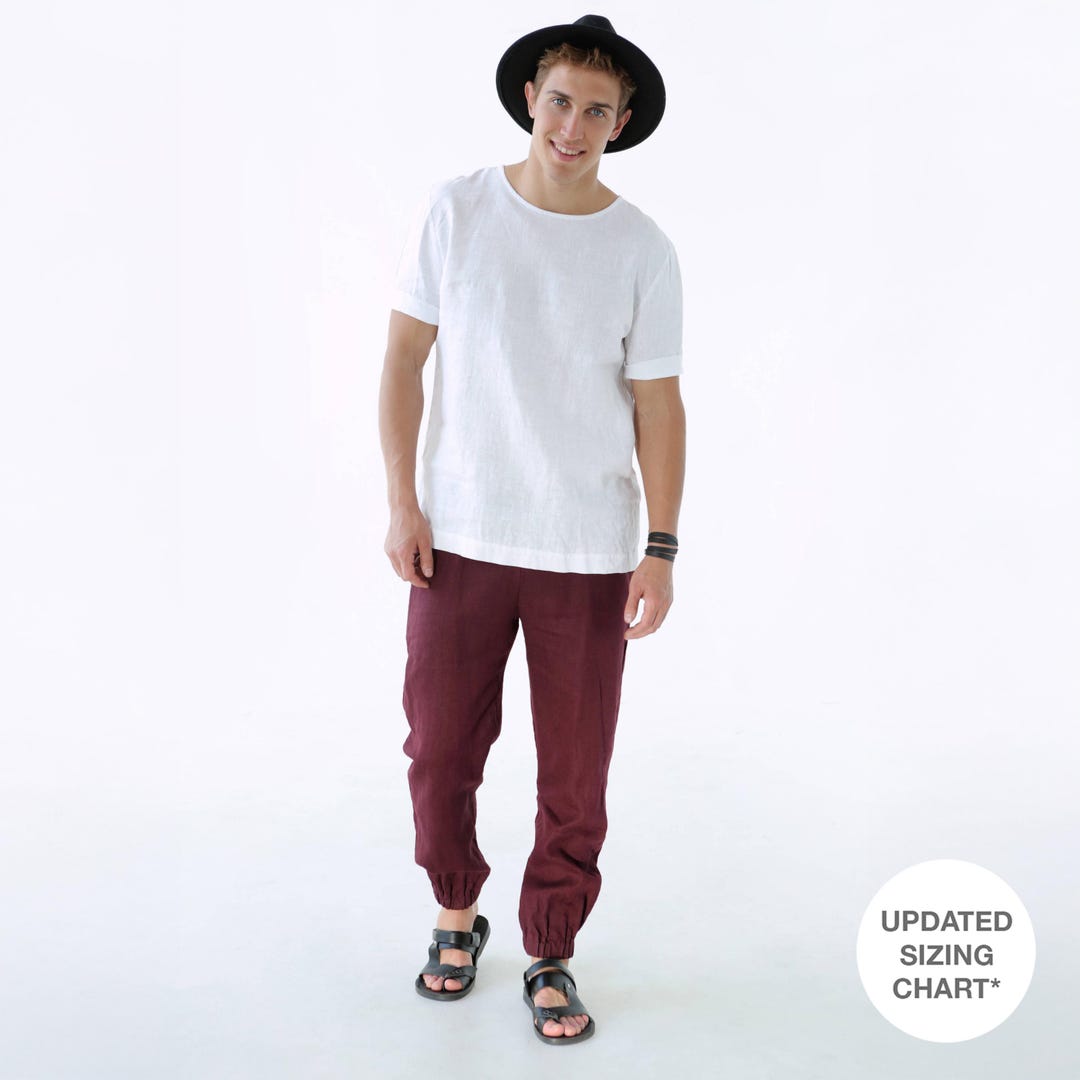 Men’s Linen Jogger Pants, Elastic Ankle Cuffs MOUNTAIN ASH in Burgundy ...