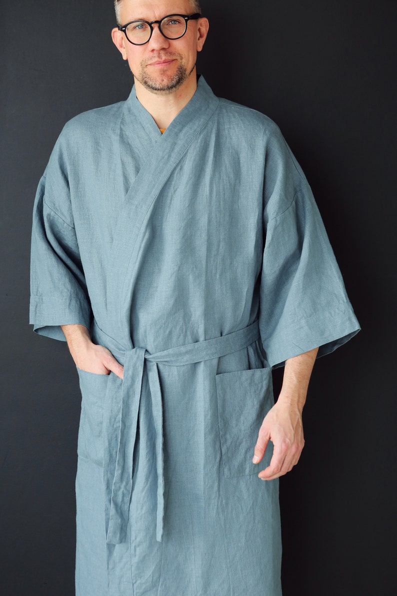 Mens Linen Kimono Natural Loungewear Blue Grey Kimono Men - Etsy