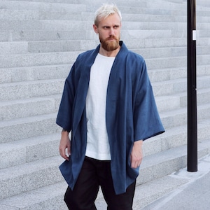 Mens Linen Kimono, Navy Blue Kimono Men, Handmade Cardigan, Linen Coat ...