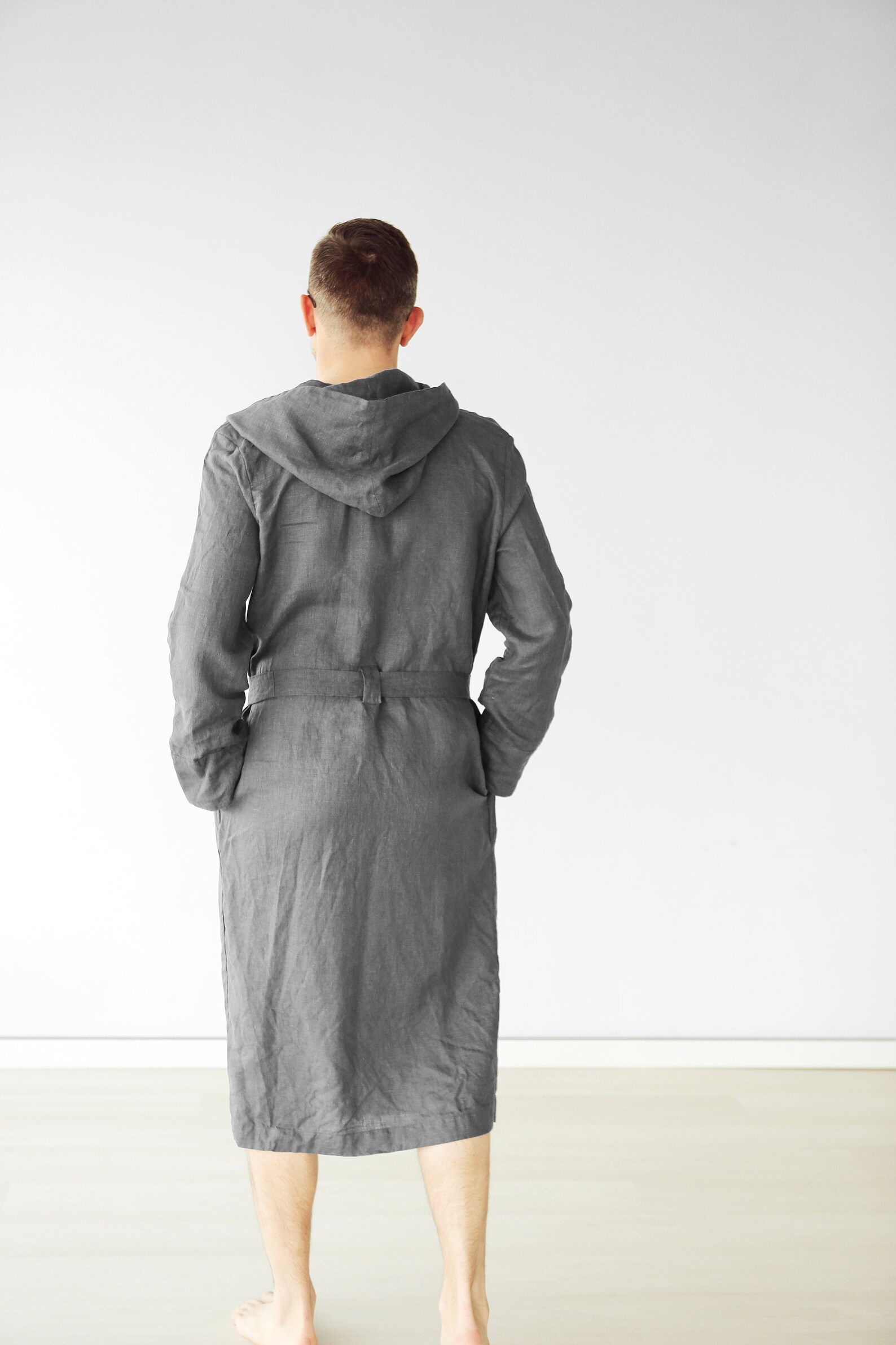 Mens Linen Bathrobe Dark Grey Hooded Robe Hoodie Bathrobe - Etsy