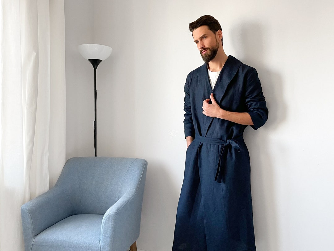 Linen Robe for Men, Natural Loungewear, Dark Blue Dressing Gown ...