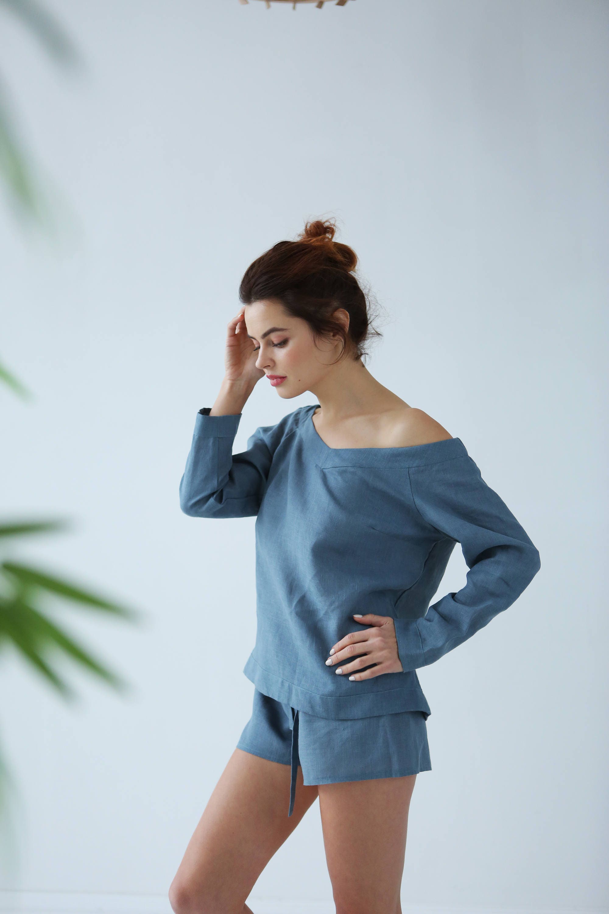 Linen Shorts Women, Flax Shorts, Pajama Shorts, Gift for Her, Grey-blue ...
