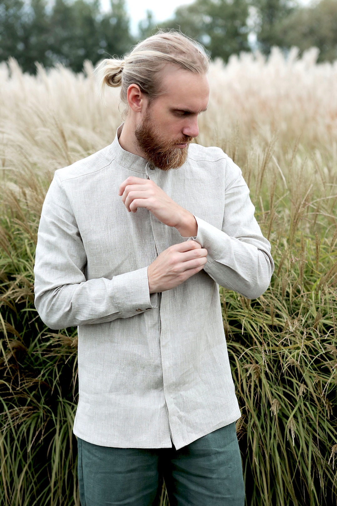 Mens Linen Hidden-button Shirt, Shirt for Men, Wedding Shirt, Natural ...