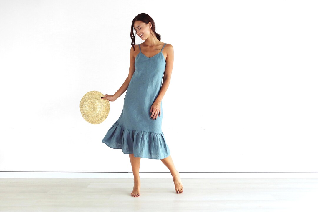 Linen Maxi Dress, Summer Dress, Blue-grey Color, Dress With Wings ...