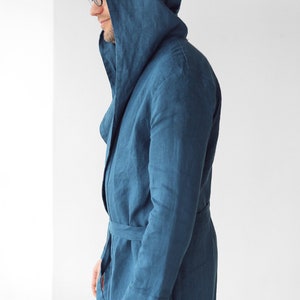Mens Linen Bathrobe, Navy Blue Hooded Robe, Hoodie Bathrobe, Gown for ...