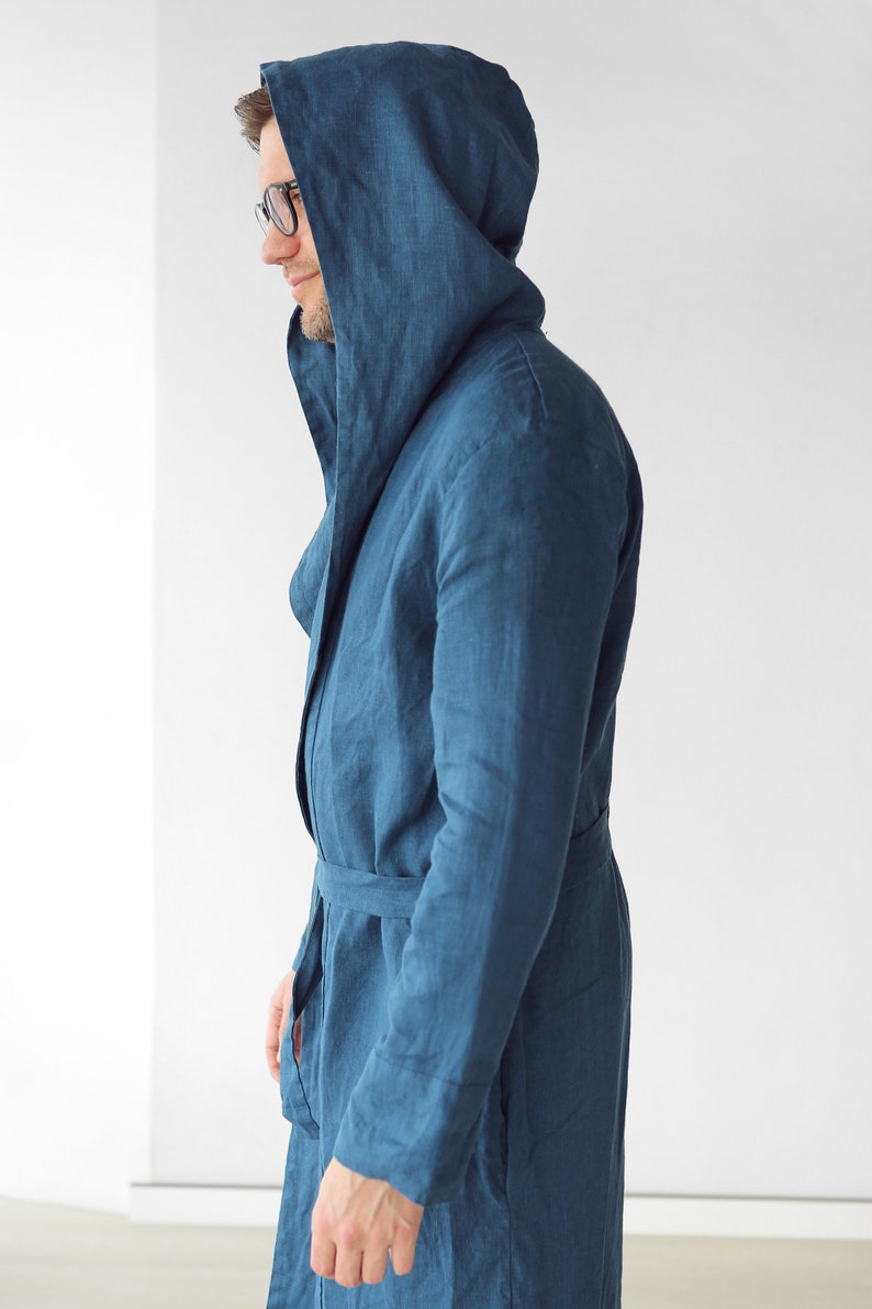 Mens Linen Bathrobe Navy Blue Hooded Robe Hoodie Bathrobe - Etsy