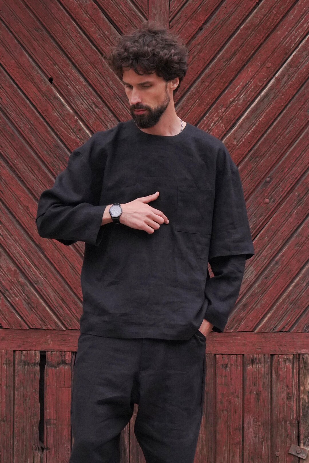 Mens Double Layer T-shirt, Linen Shirt for Men, Mans Relax Shirt, Black ...