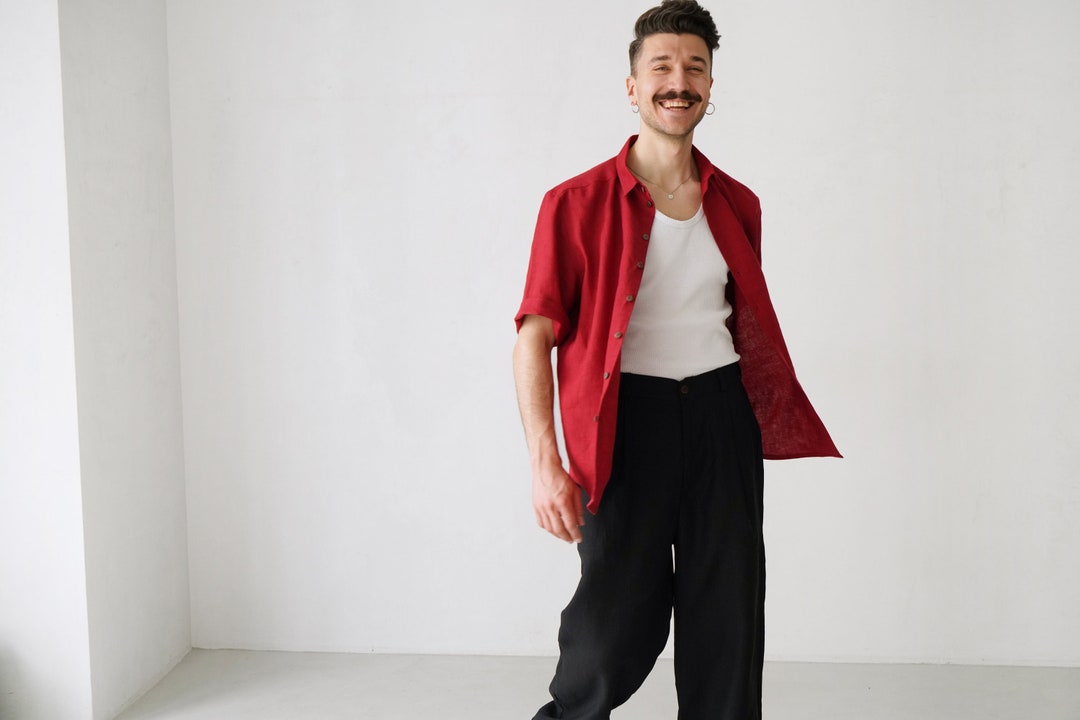 Mens Linen Shirt Wide Sleeve, Shirt for Men, Dress Shirt, Red Shirt ...