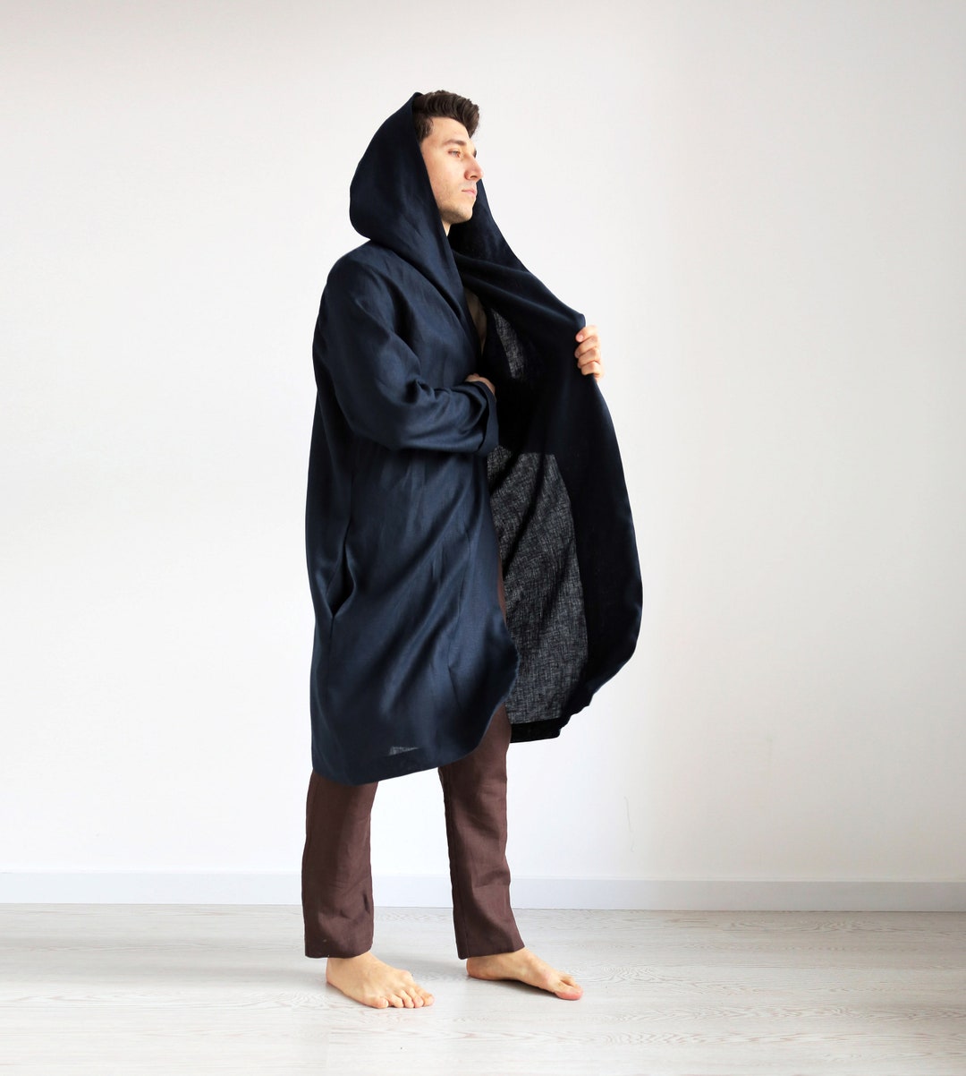 Mens Linen Robe With a Hood, Dark Blue Robe, Summer Gown, Hooded Robe ...