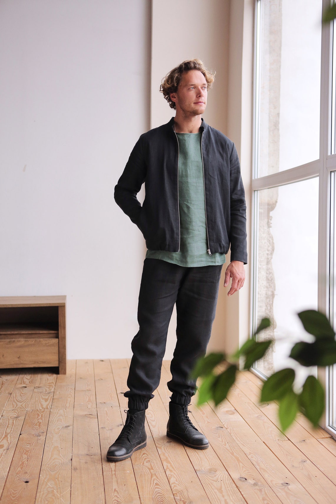 Mens Linen Bomber Jacket Spring-summer Bomber Jacket Black - Etsy