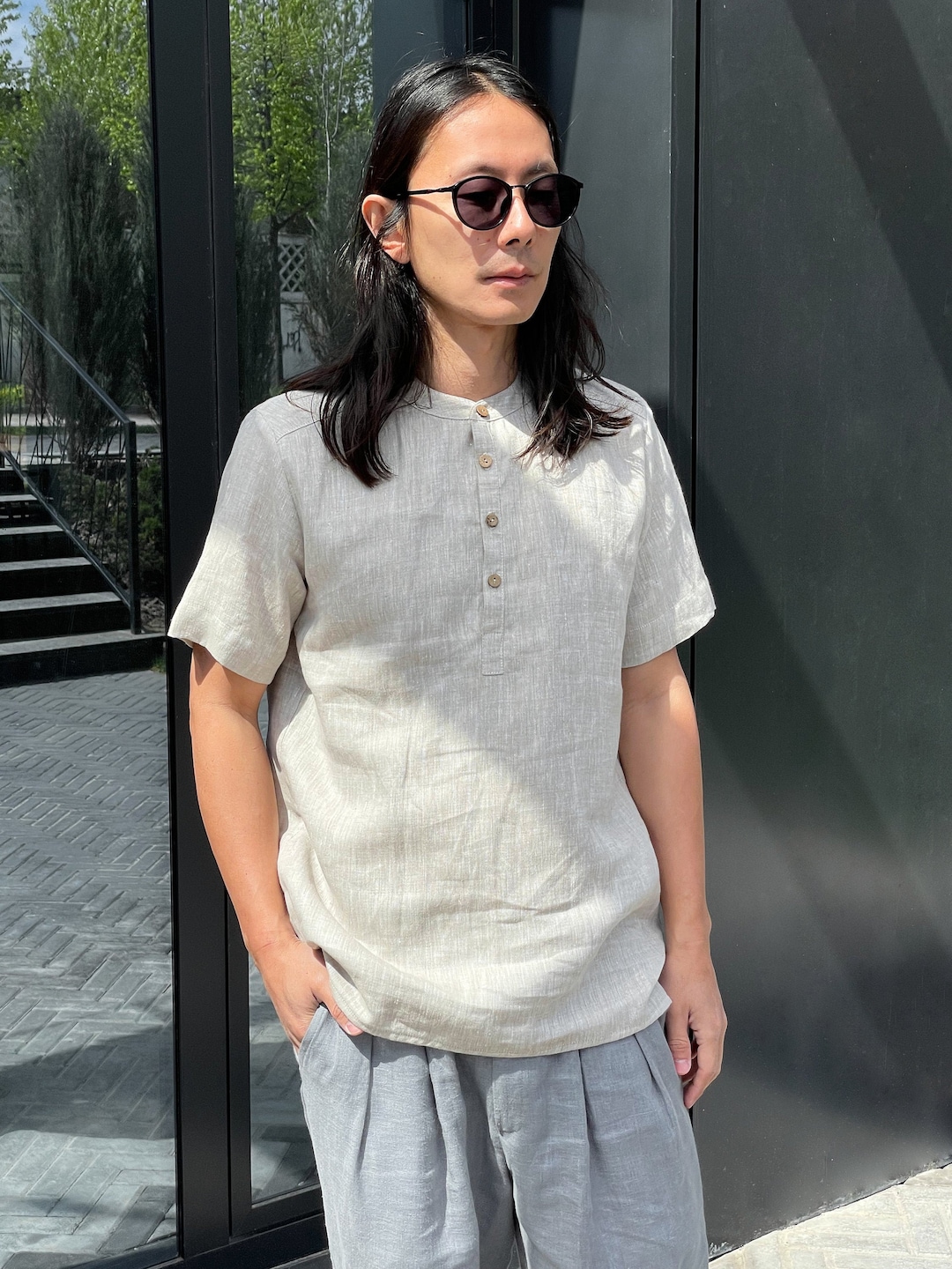 Mens Linen Henley Shirt, Short Sleeve Shirt for Men, Wedding Shirt ...