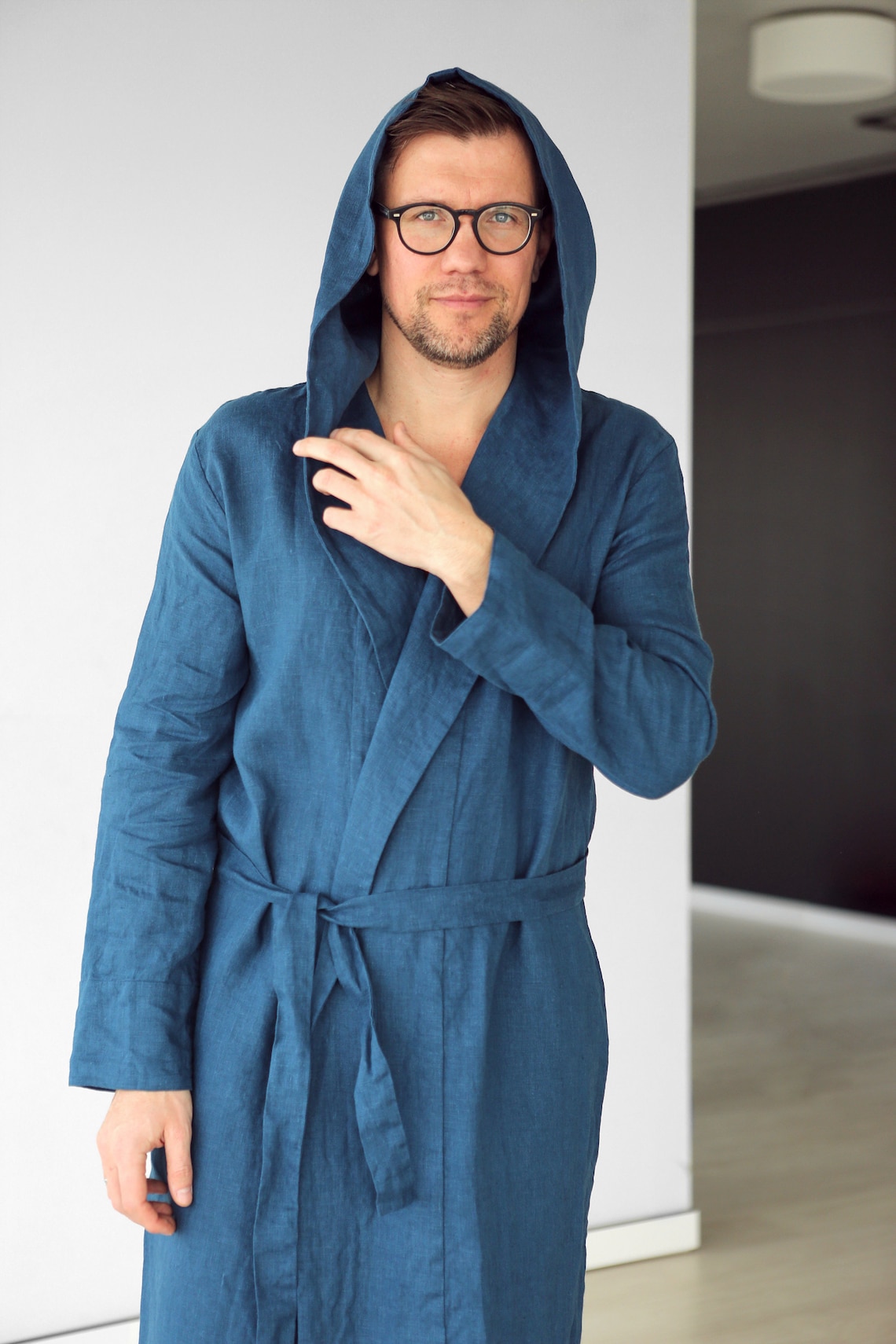 Mens linen bathrobe Navy blue hooded robe Hoodie bathrobe | Etsy