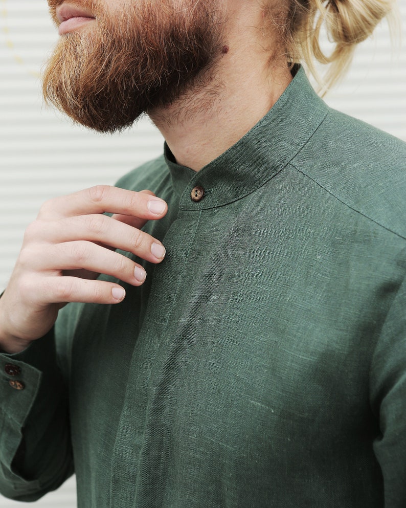 Mens Linen Shirt for Men, Wedding Shirt, Green Color, Shirt Band ...