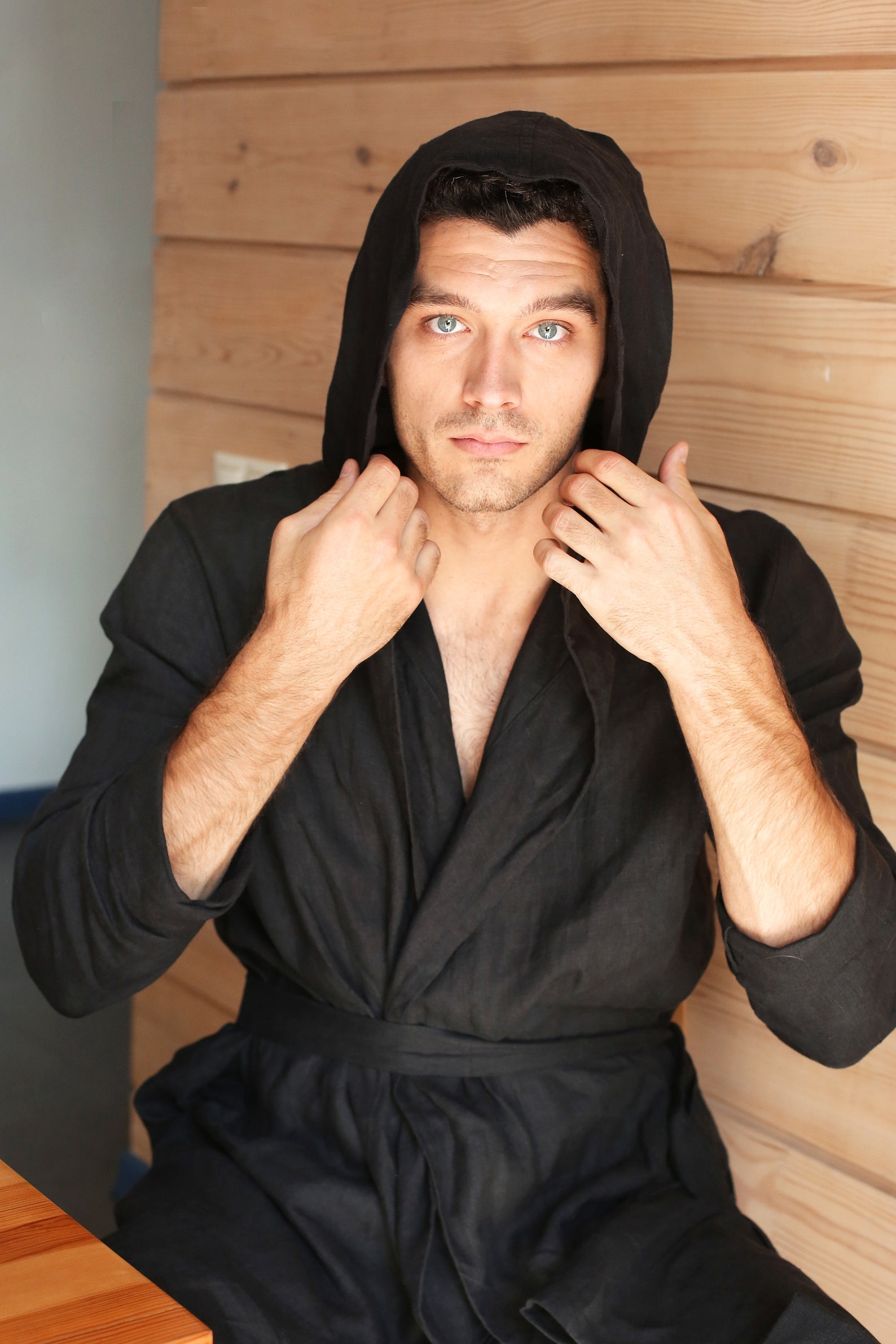 Mens Linen Robe Hooded Black Robe Bathrobe Assassin Hoodie - Etsy