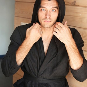 Mens Linen Robe, Hooded Black Robe, Bathrobe Assassin, Hoodie Male ...