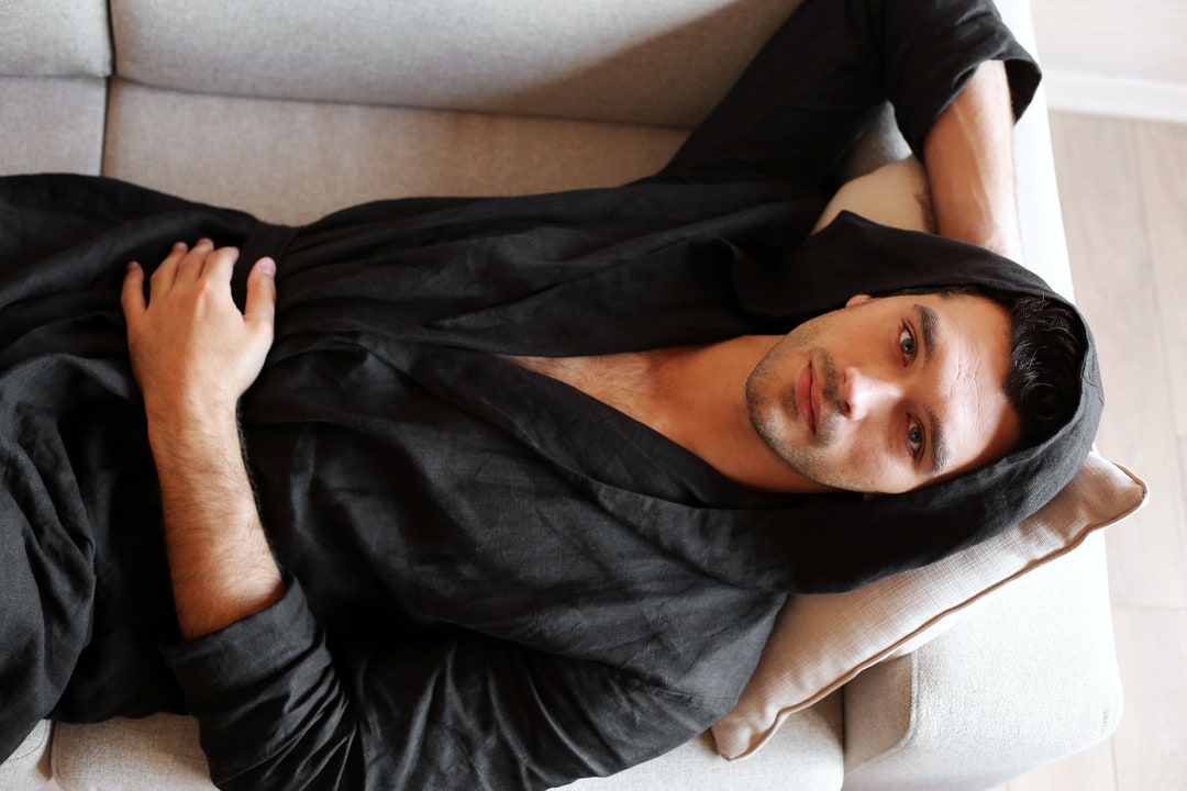 Mens Linen Robe, Hooded Black Robe, Bathrobe Assassin, Hoodie Male ...