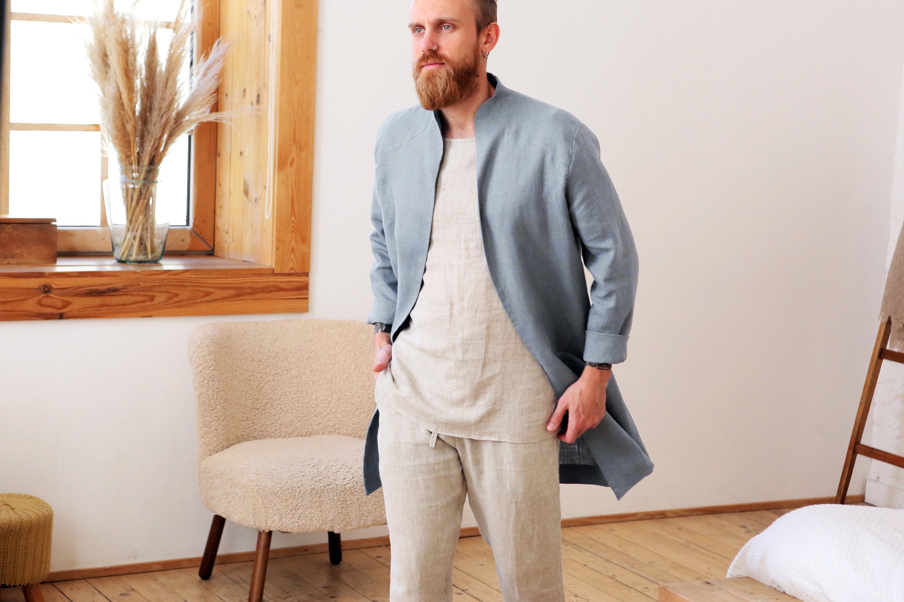 Mens Linen Trench Coat Linen Jacket for Man Light Grey - Etsy