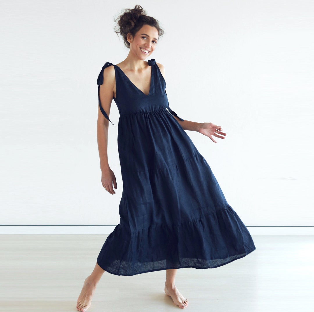 Natural Linen Dress, Summer Beach Dress, Loose Linen Dress, Dark Blue ...
