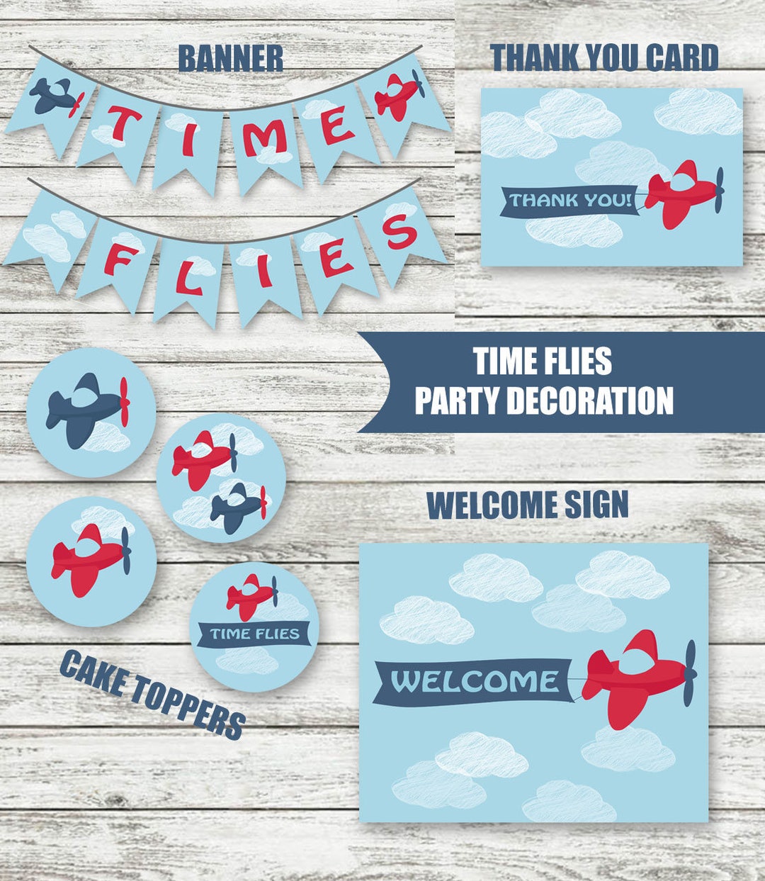 TIME FLIES Party Decoration Pack Kit, Banner Flags, Thank Cards ...