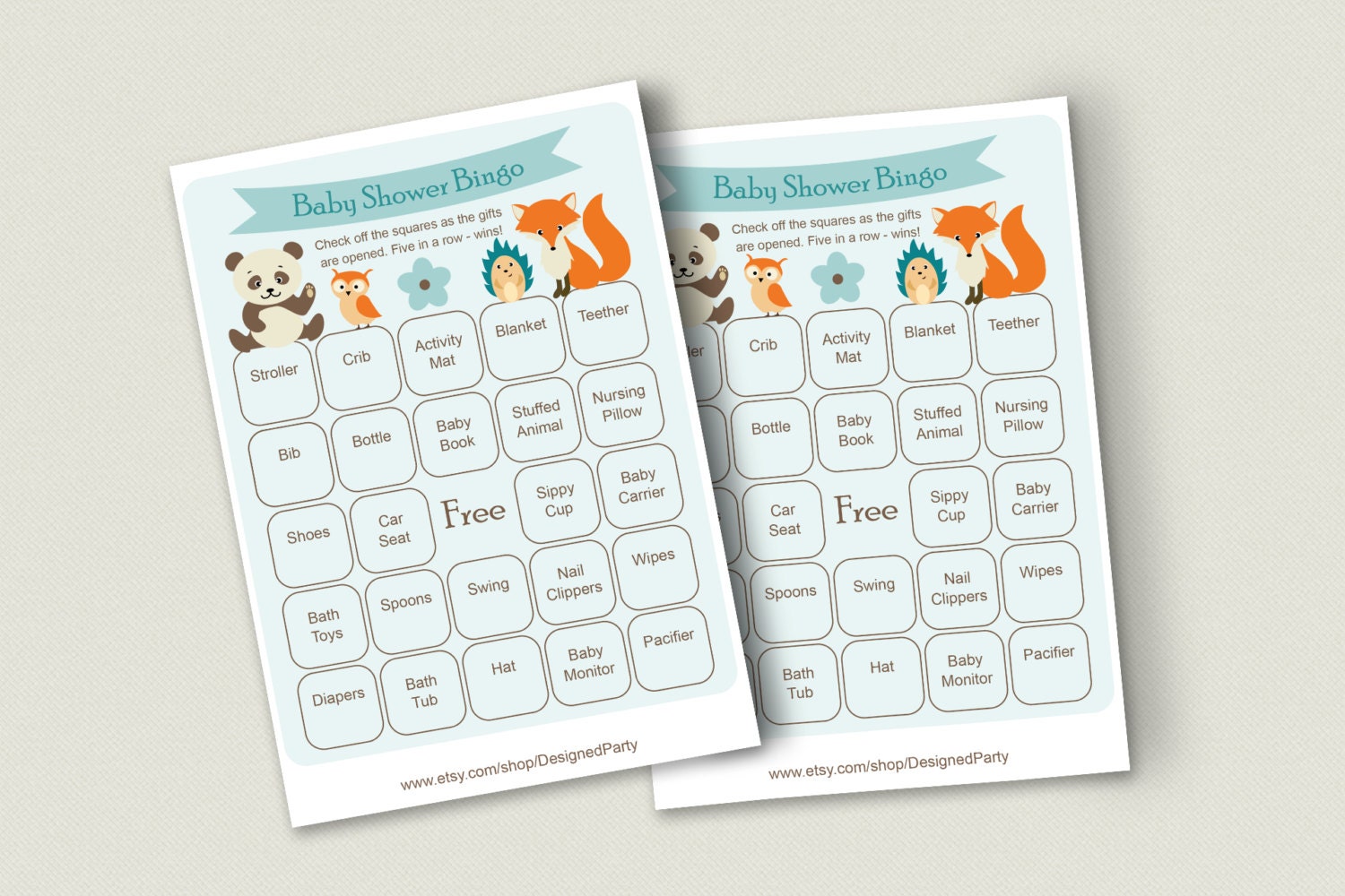 Woodland Baby Shower Bingo Cards - Baby Shower Bingo Game - 40 Unique ...