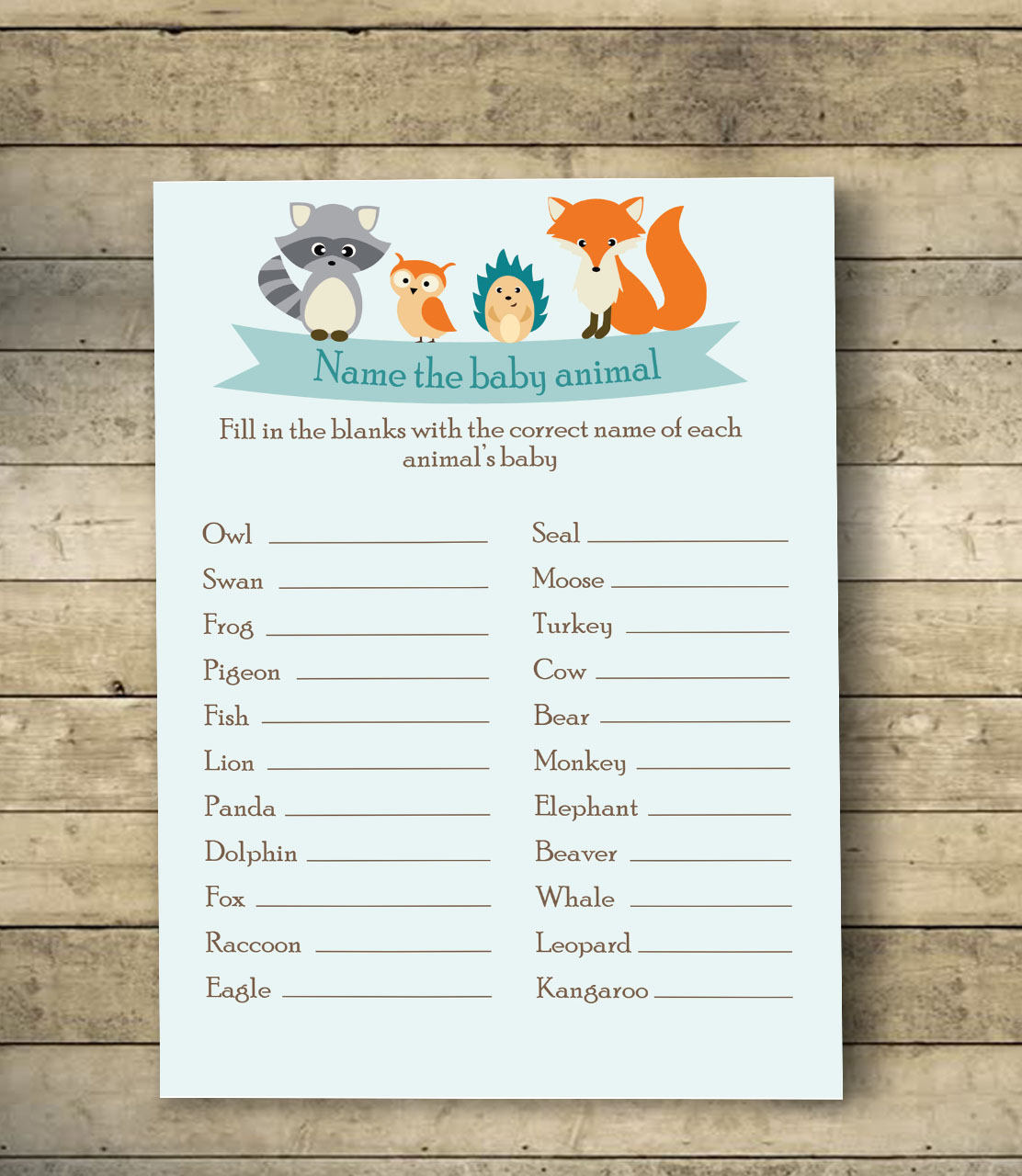 Woodland Name the baby animal Baby Shower Games Name the | Etsy