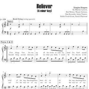 Believer - Imagine Dragons | Piano Sheet Music Instrumental Rock Solo ...