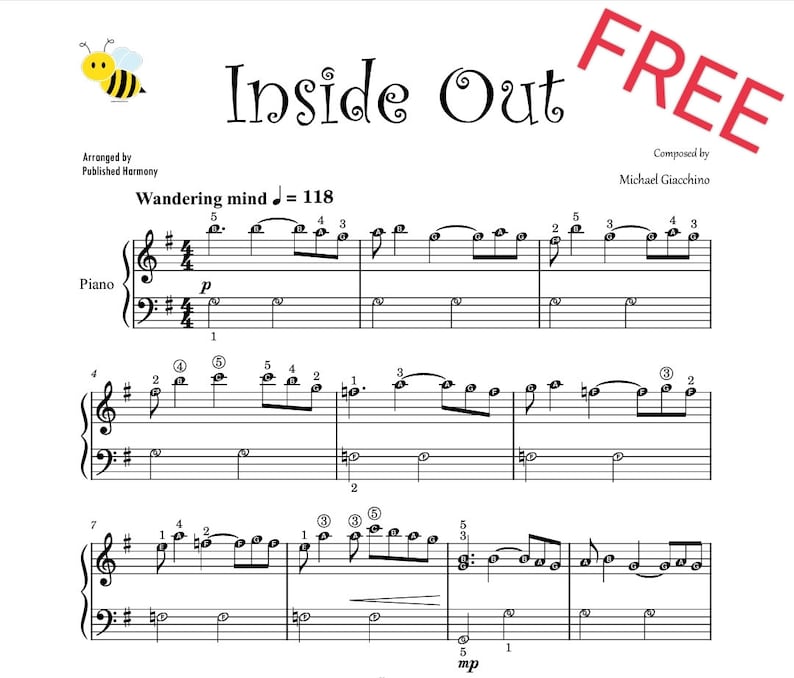 Piano Sheet Music | INSIDE OUT Theme | Easy Piano for Kids - Etsy