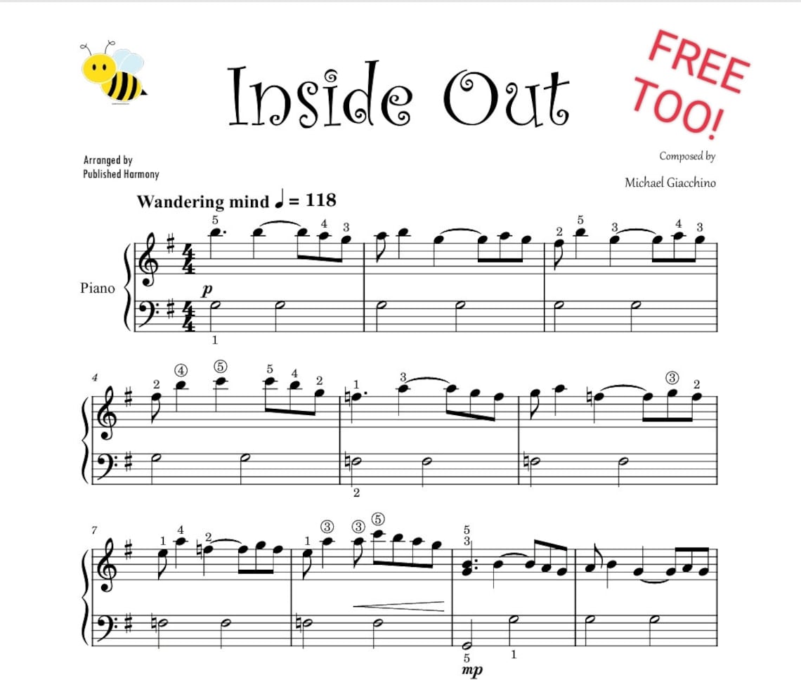 Piano Sheet Music | INSIDE OUT Theme | Easy Piano for Kids - Etsy