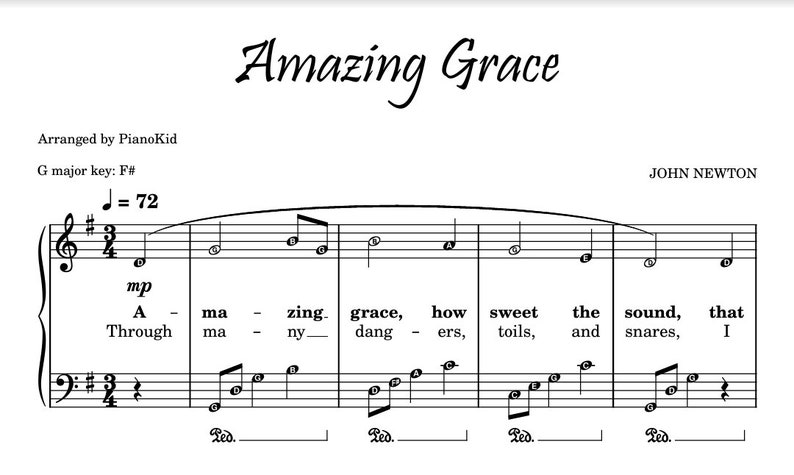 Amazing Grace | Grade 1 Piano G Major Key Lyrics Hymn Church Easy - Etsy