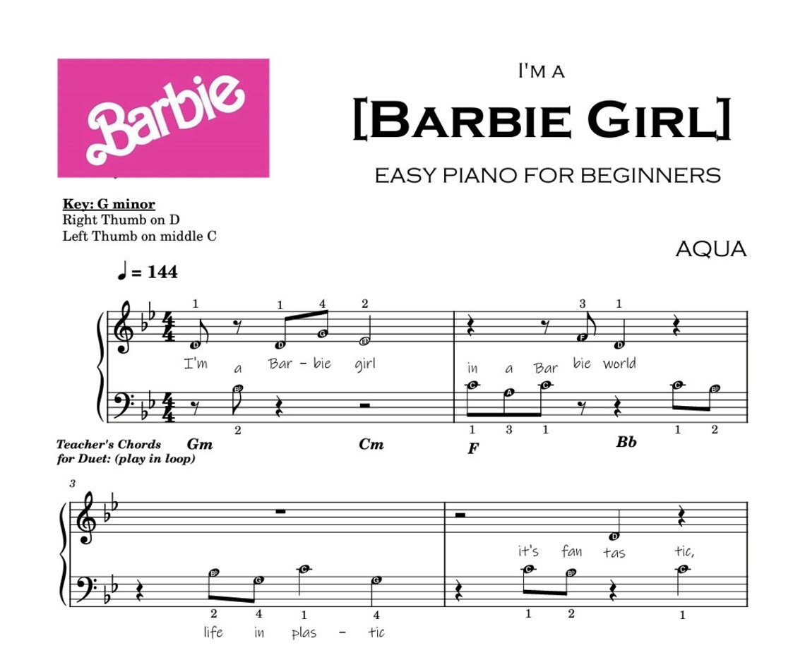 Barbie Girl | Easy Piano Sheet for Beginners Kids Self Learning Series ...
