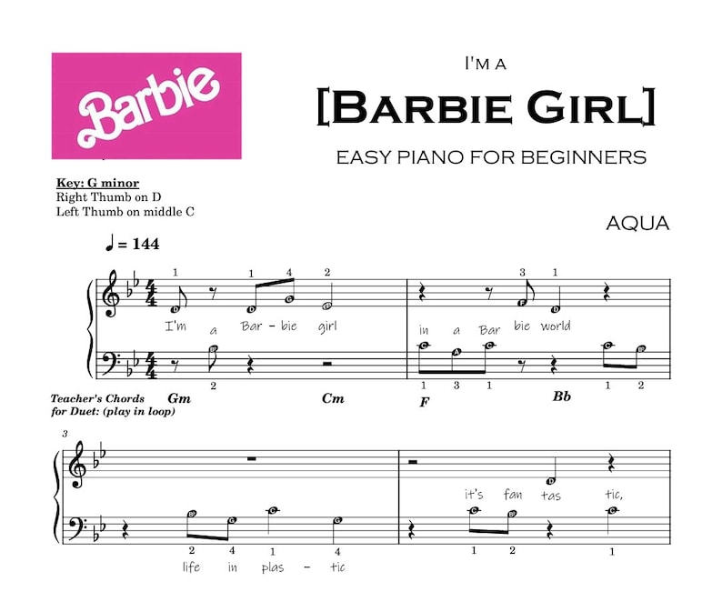 Barbie Girl | Easy Piano Sheet for Beginners Kids Self Learning Series ...