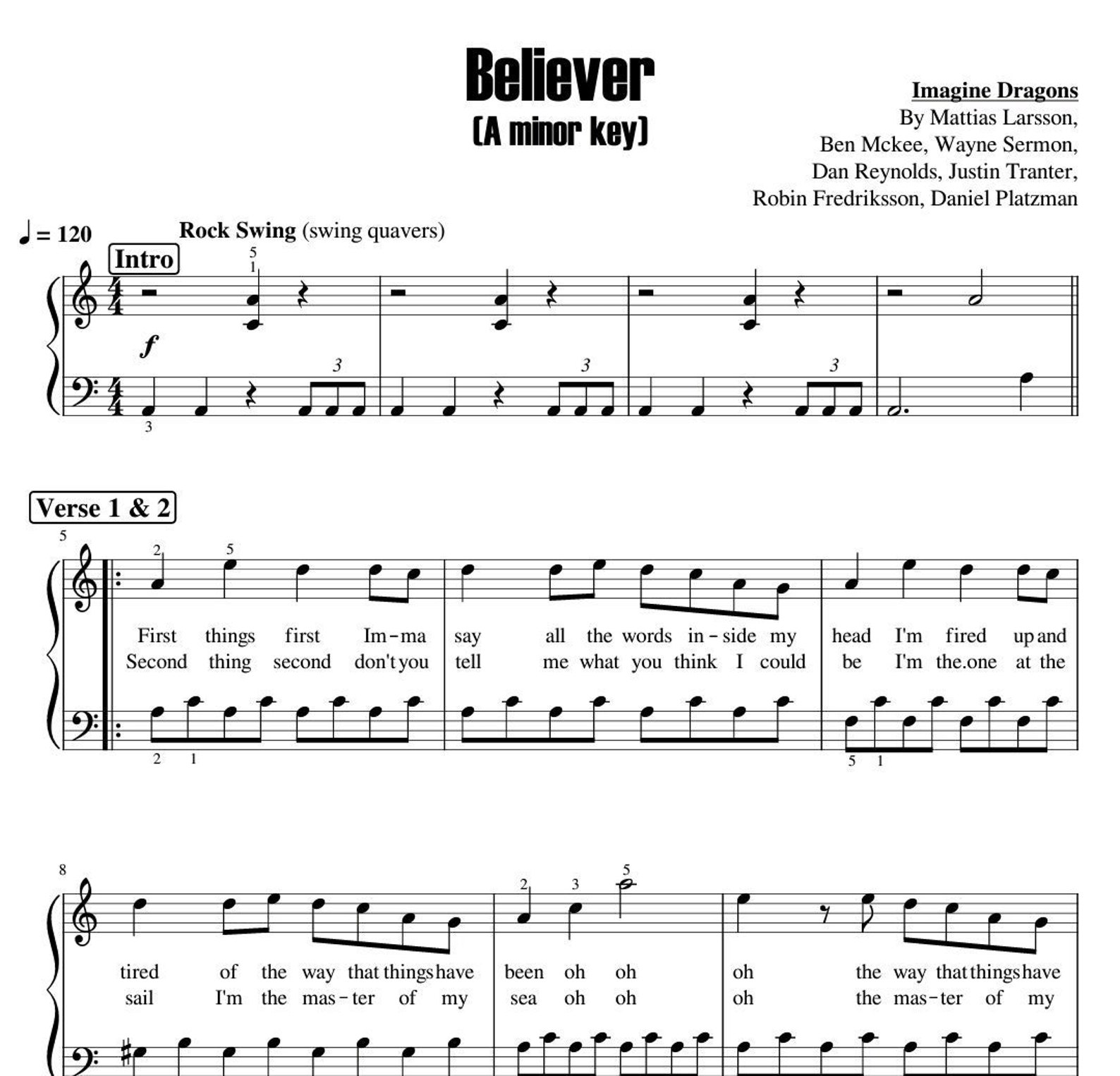 Believer - Imagine Dragons | Piano Sheet Music Instrumental Rock Solo ...