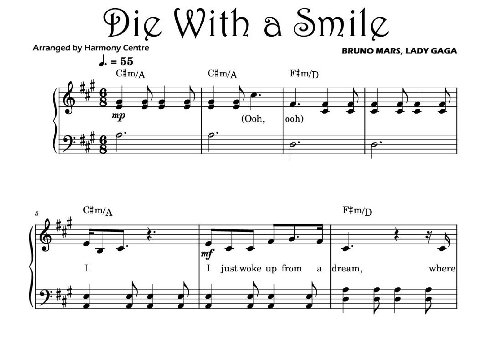 Die With A Smile Piano Sheet Music: Easy Grade 3 (PDF) - Etsy Canada