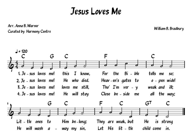 Jesus Loves Me | 3 Types Piano Sheet Music Score With Note Names Bundle ...