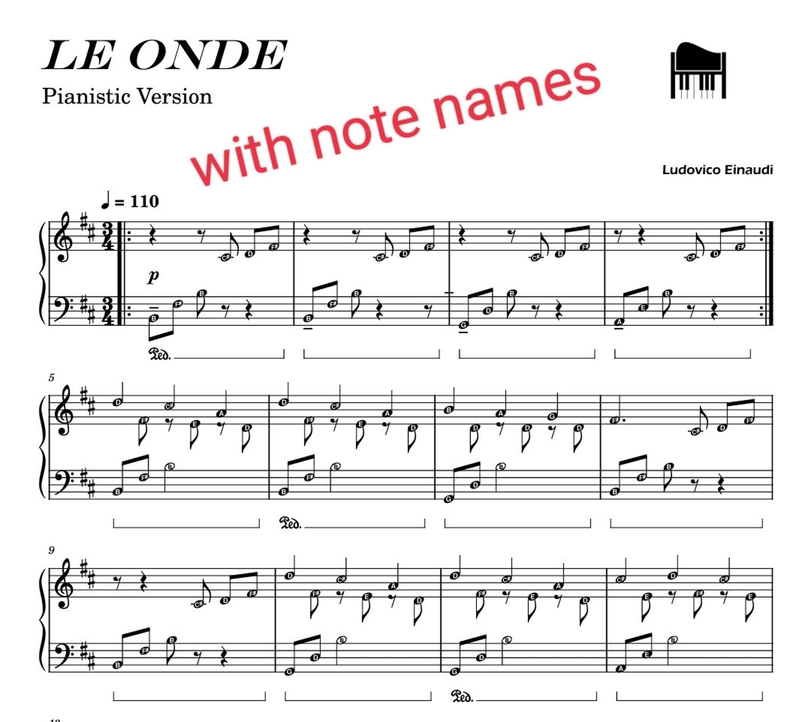 Le Onde Ludovico Einaudi Piabo Sheet Music Score With Note Names PDF MP3 Self Learning Series - Etsy