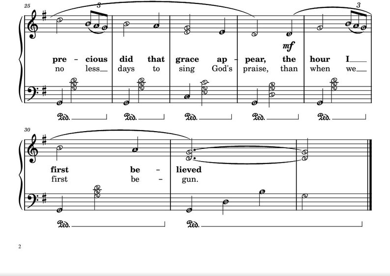 Amazing Grace | Grade 1 Piano G Major Key Lyrics Hymn Church Easy - Etsy