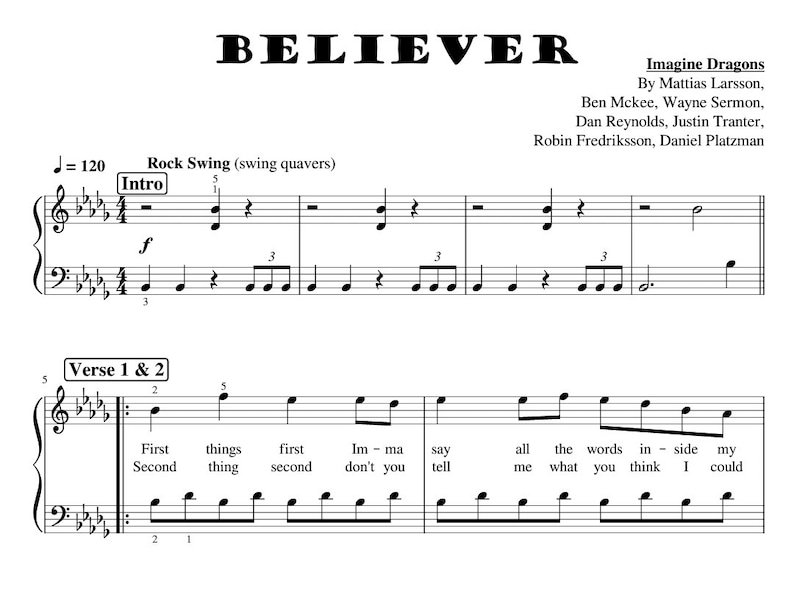 Believer - Imagine Dragons | Piano Sheet Music Instrumental Rock Solo ...