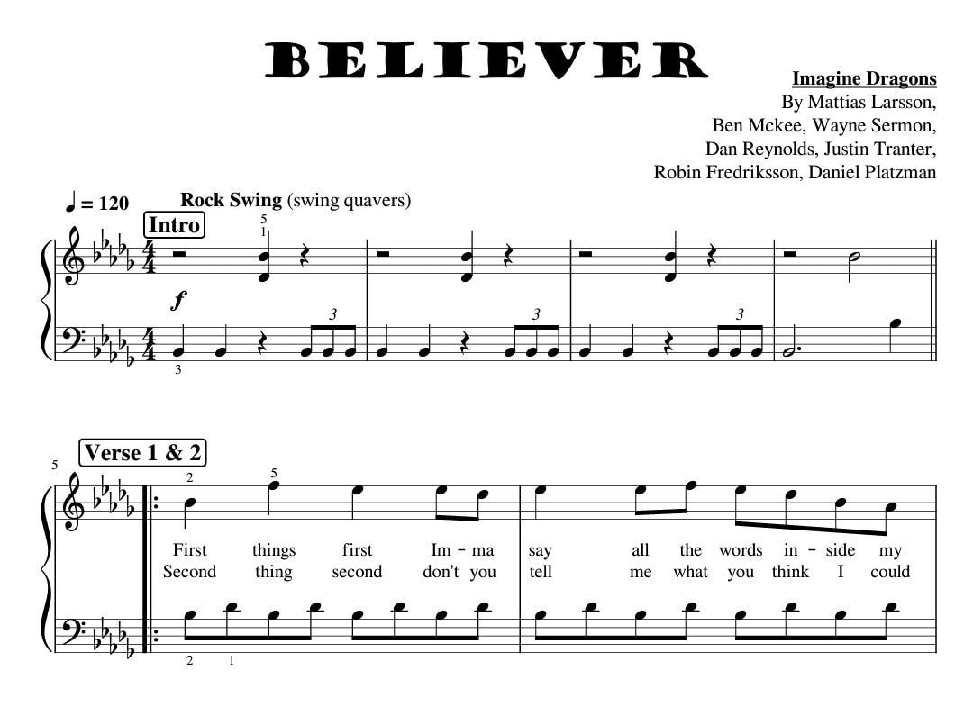 Believer - Imagine Dragons | Piano Sheet Music Instrumental Rock Solo ...