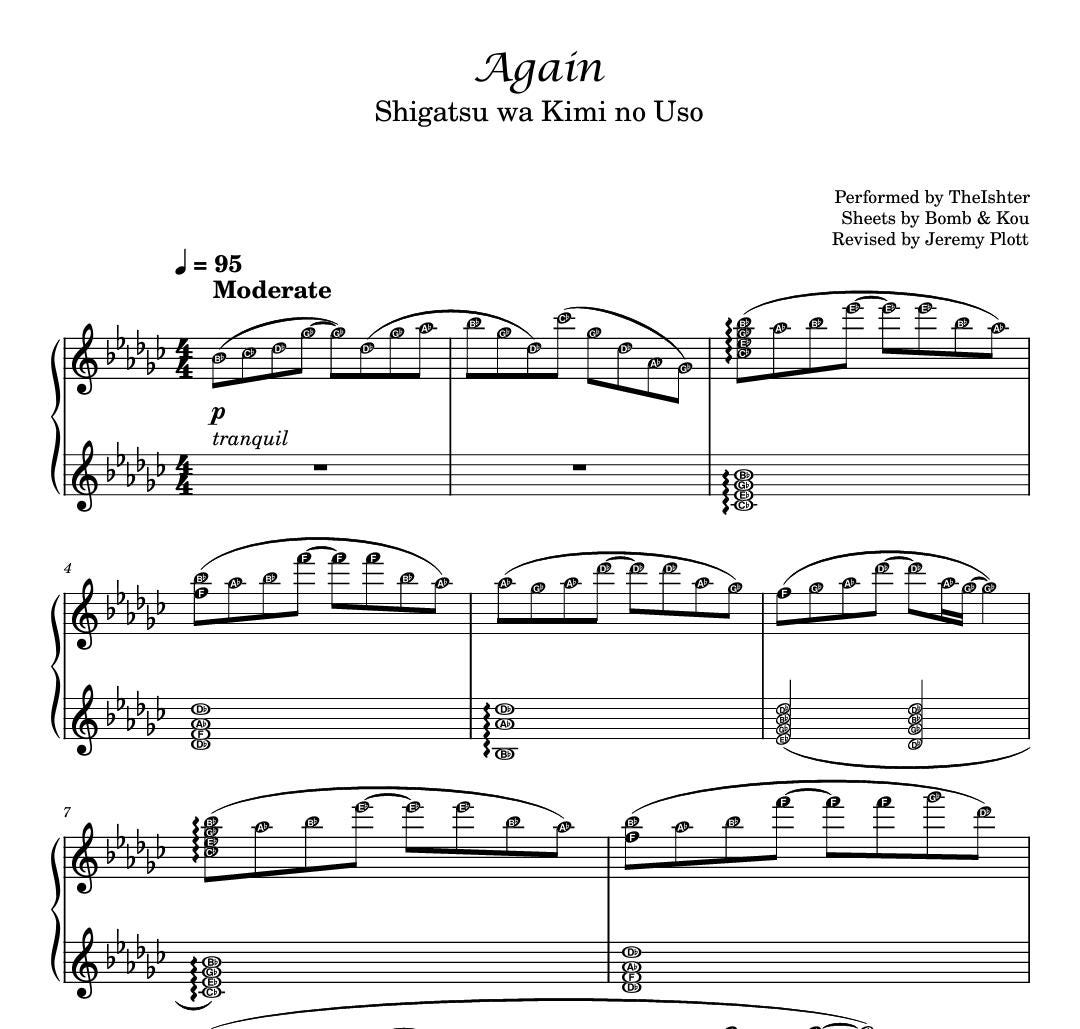 Again (piano G6) From Yourlieinapril Sheet Music With Note Names Anime ...