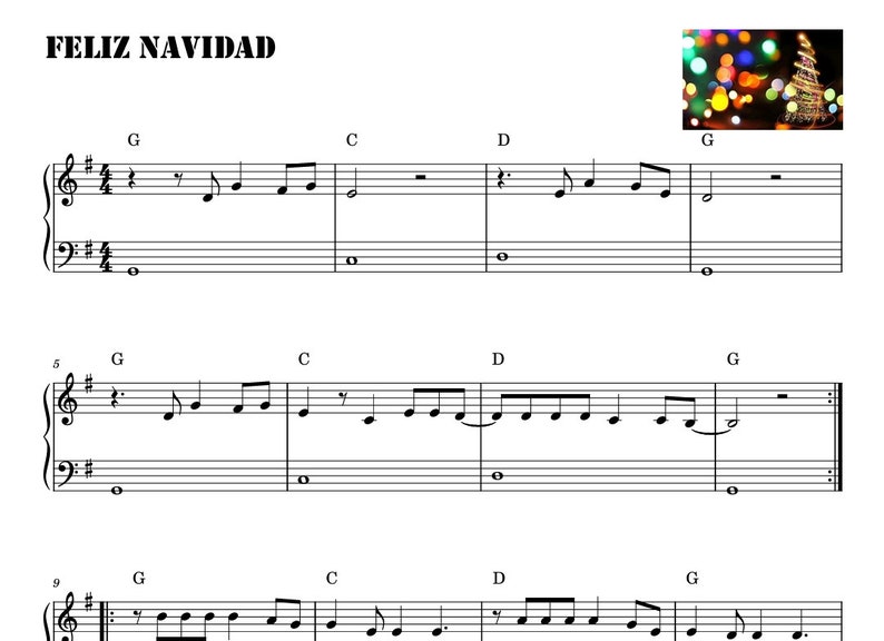 Feliz Navidad Piano Sheet Music: Easy Christmas Song (PDF) - Etsy