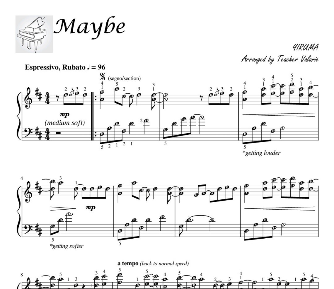 MAYBE and DO YOU? (yiruma) | Piano Solo With Note Names, Finger Guides ...