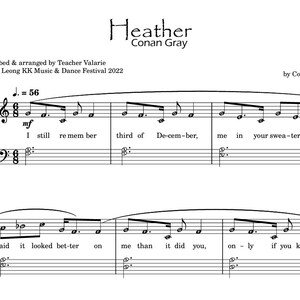 Heather (conan Gray) Piano Sheet Music Score With Note Names for Grade ...