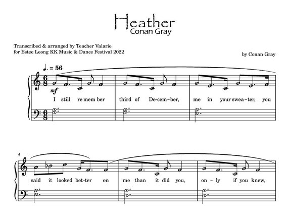 Heather conan Gray Piano Sheet Music Score With Note Names - Etsy