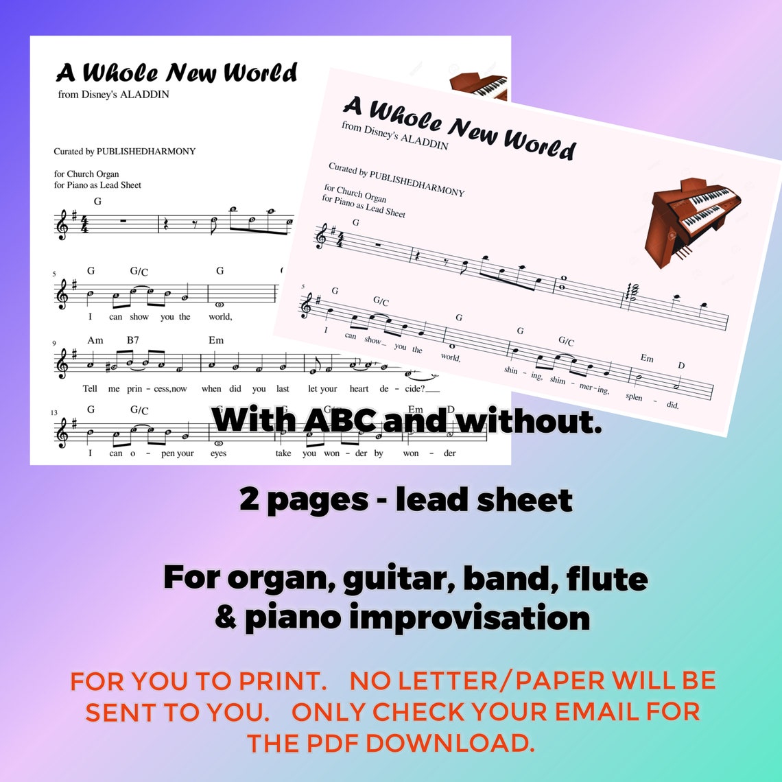 A_whole_new_world Organ Piano Guitar Band Keyboard Sheet Music - Etsy