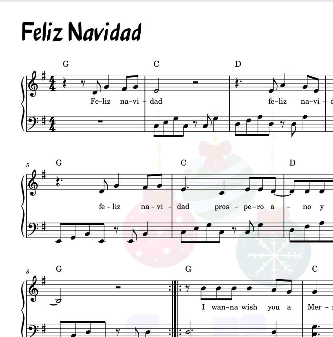 Feliz Navidad Piano Sheet Music: Easy Christmas Song (PDF) - Etsy