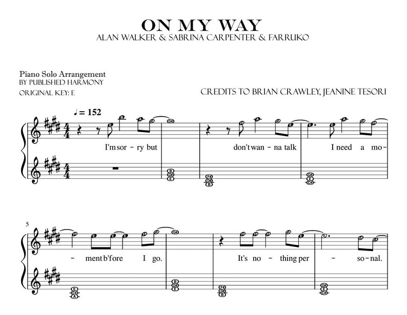On My Way (alan Walker) Piano Sheet Music Score With Note Names Self ...