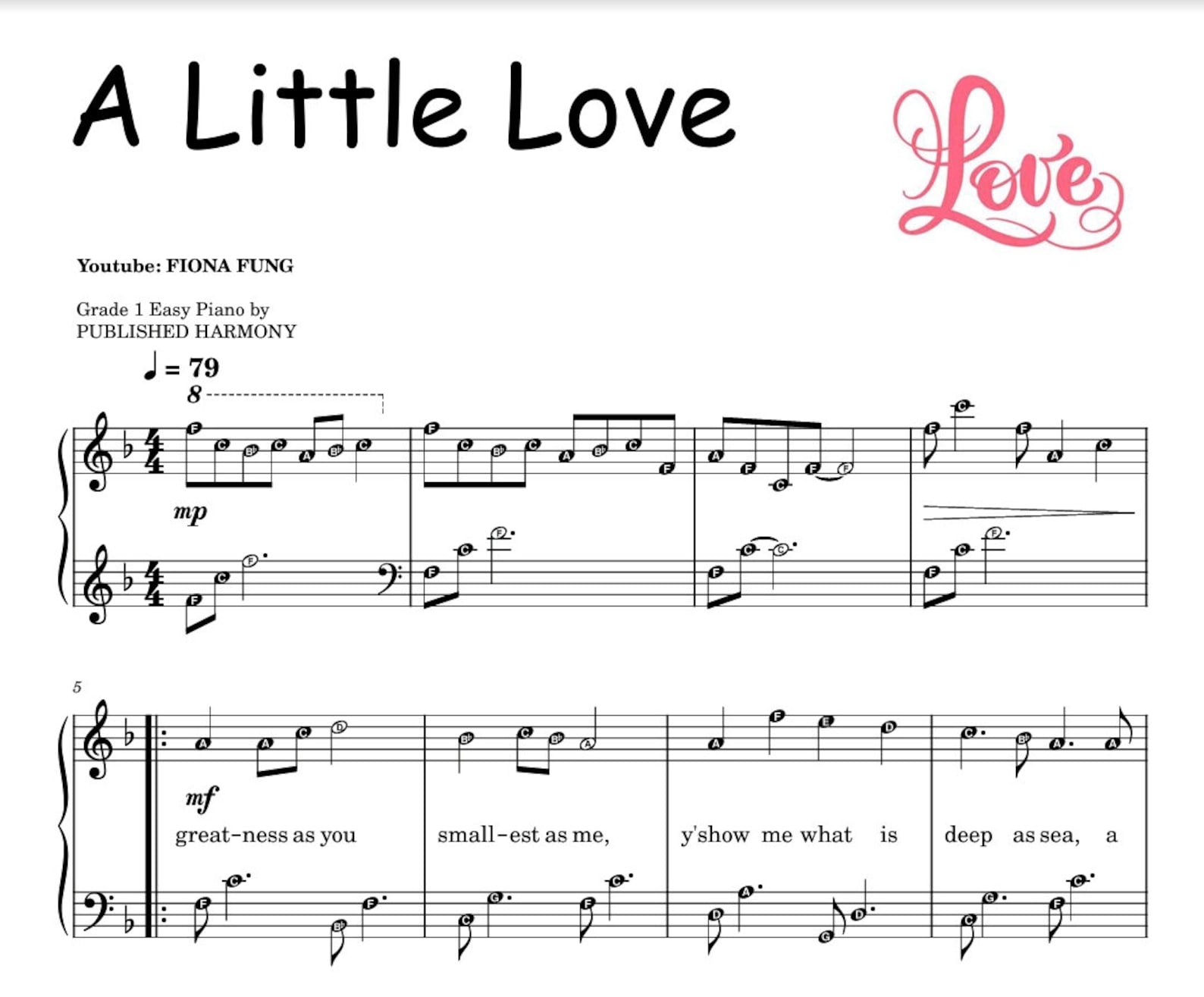 A Little Love - Fiona Fung | Piano Sheet Music Score Grade 1 Easy Piano ...