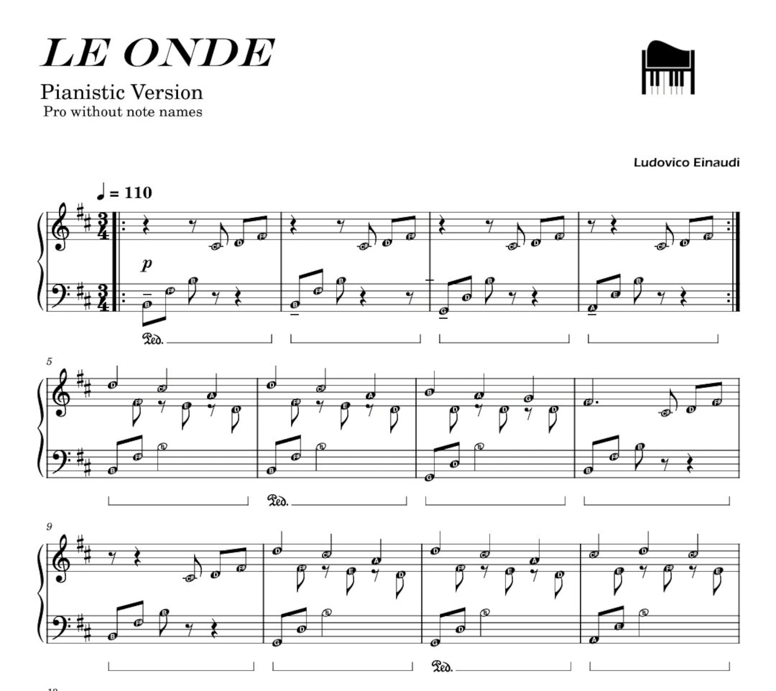 Le Onde - Ludovico Einaudi Piano Sheet Music With Note Names (PDF & MP3 ...