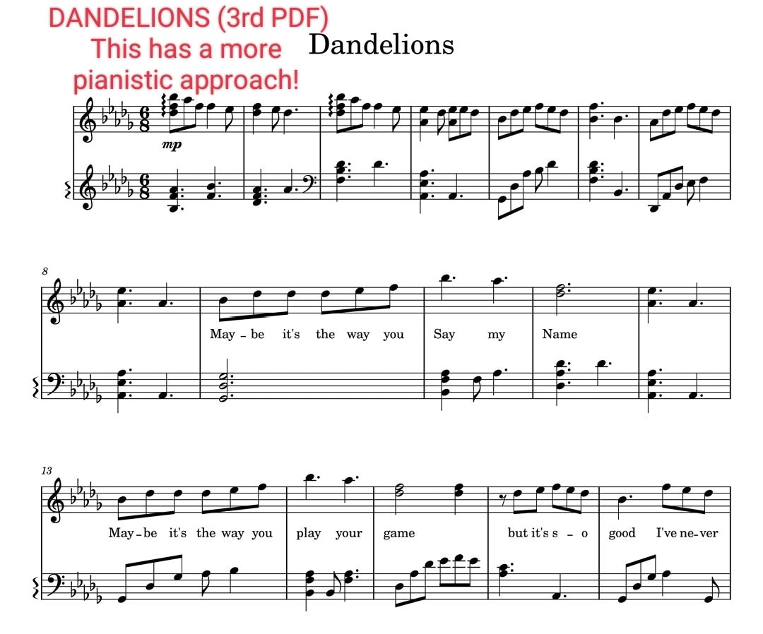 DANDELIONS | Easy Piano Sheet Music Score With Note Names | Ruth B ...